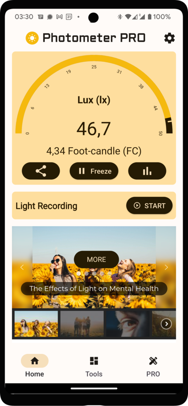Photometer PRO - best lux light meter application