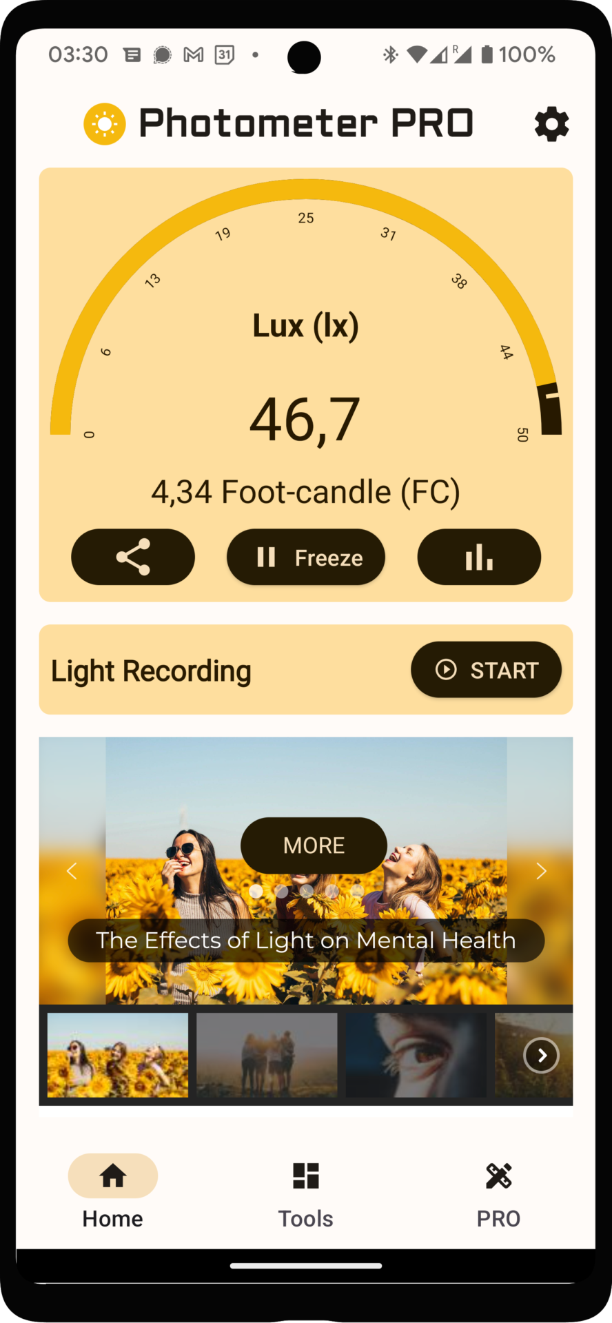 Photometer PRO - best lux light meter application